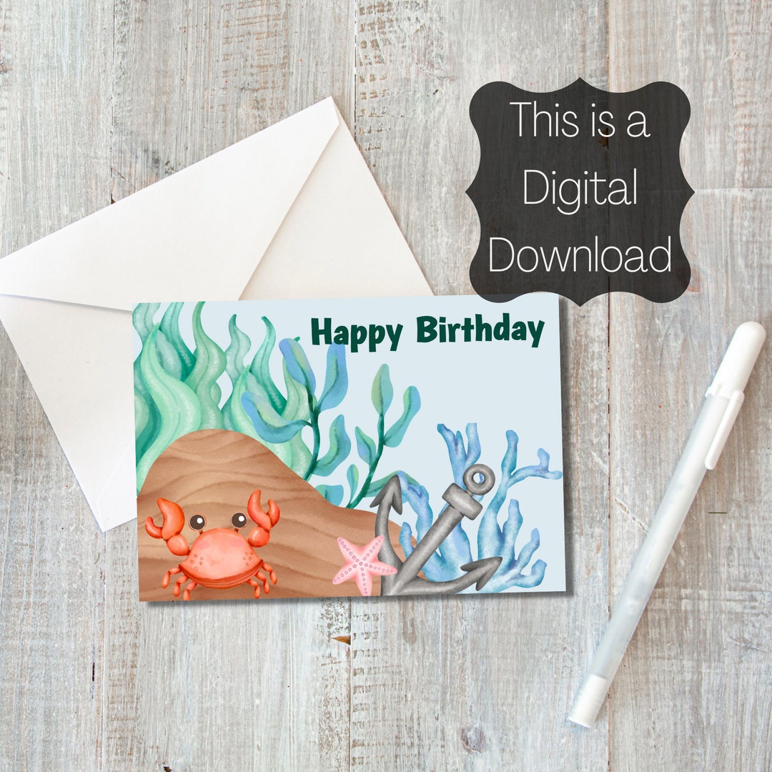 Ocean Birthday Card, Digital Card, Instant Download, Print at Home Card ...