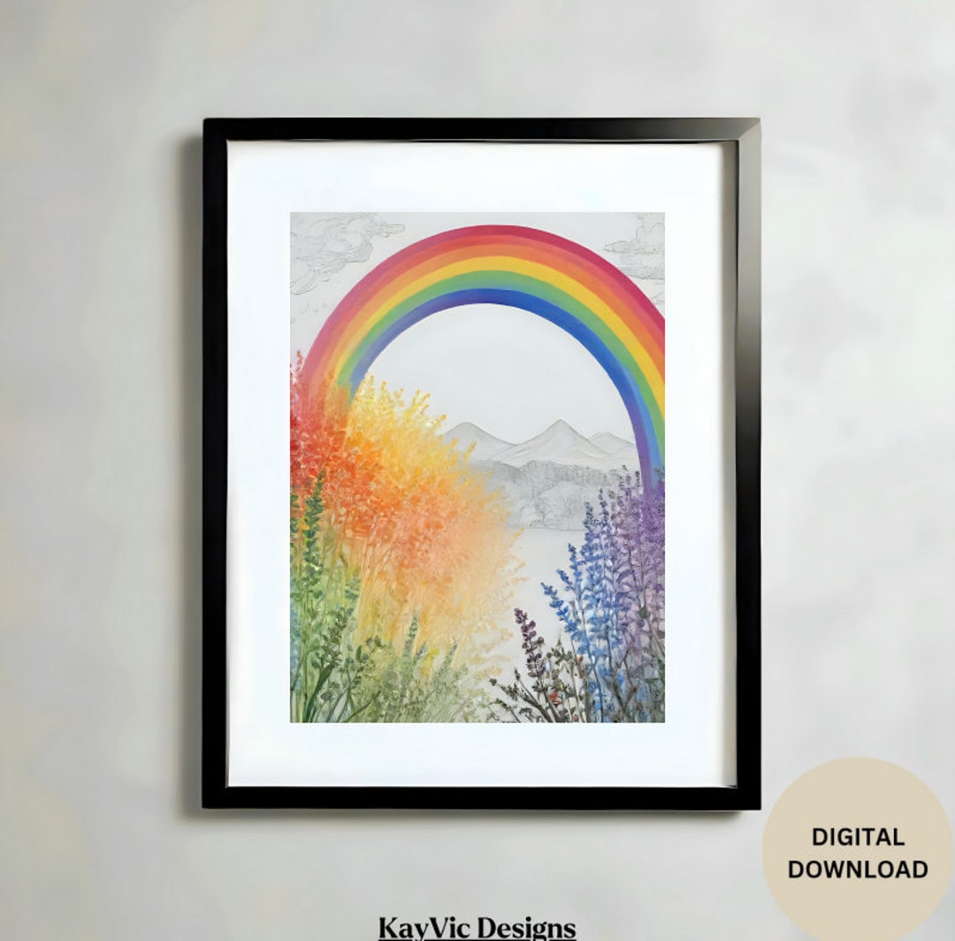 Bright Watercolor Rainbow Wall Printable Art, Colorful Floral Artwork ...