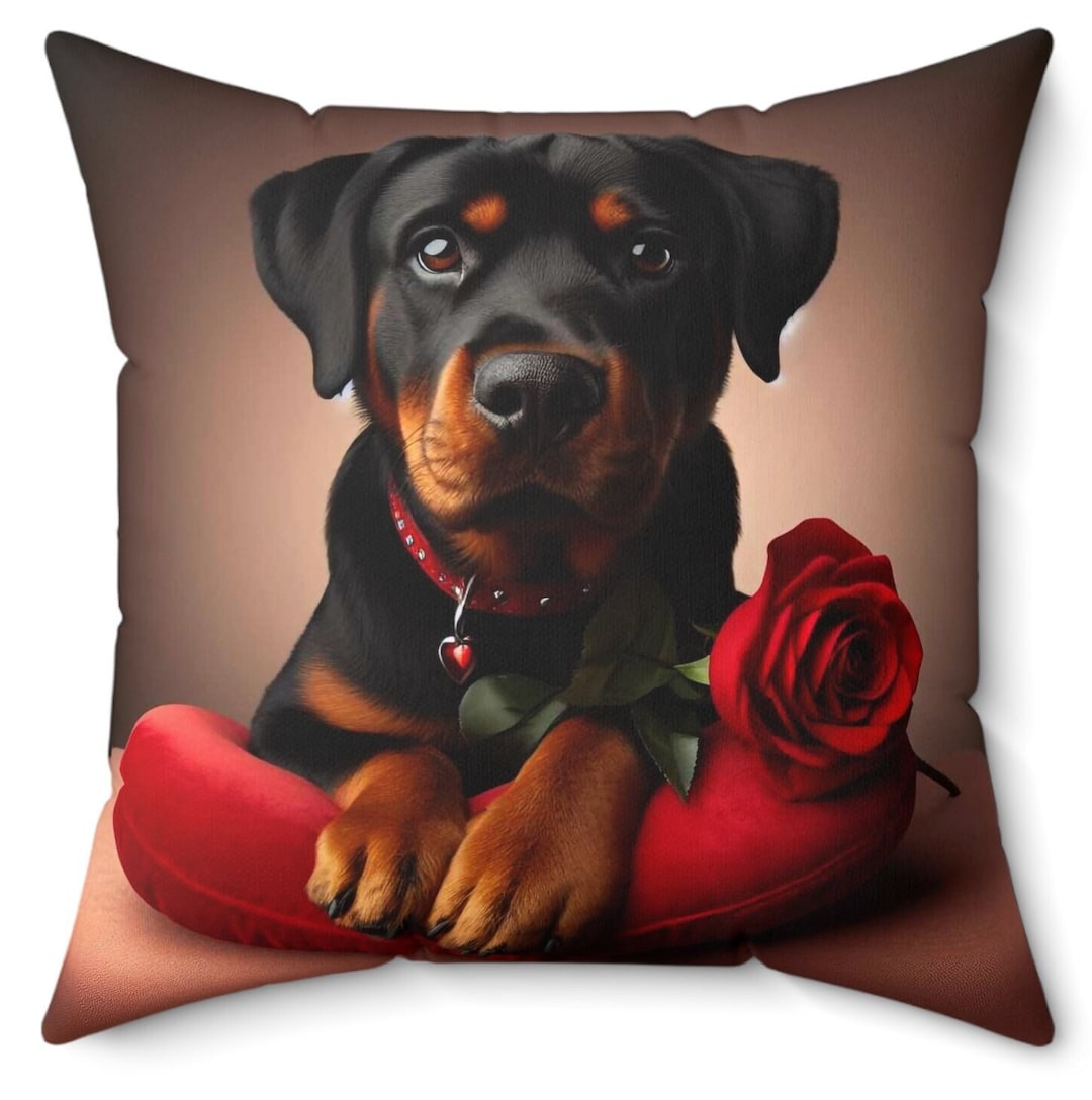 Romantic Puppy Rottweiler With Rose Spun Polyester Square Pillow Fun ...
