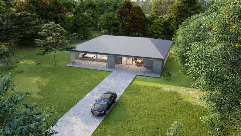 Modern Concrete House Plan: 3 Bedroom, Veranda (autocad, Sketchup) - Etsy