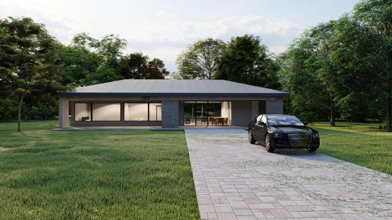 Modern Concrete House Plan: 3 Bedroom, Veranda (autocad, Sketchup) - Etsy