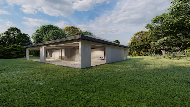 Modern Concrete House Plan: 3 Bedroom, Veranda (autocad, Sketchup) - Etsy