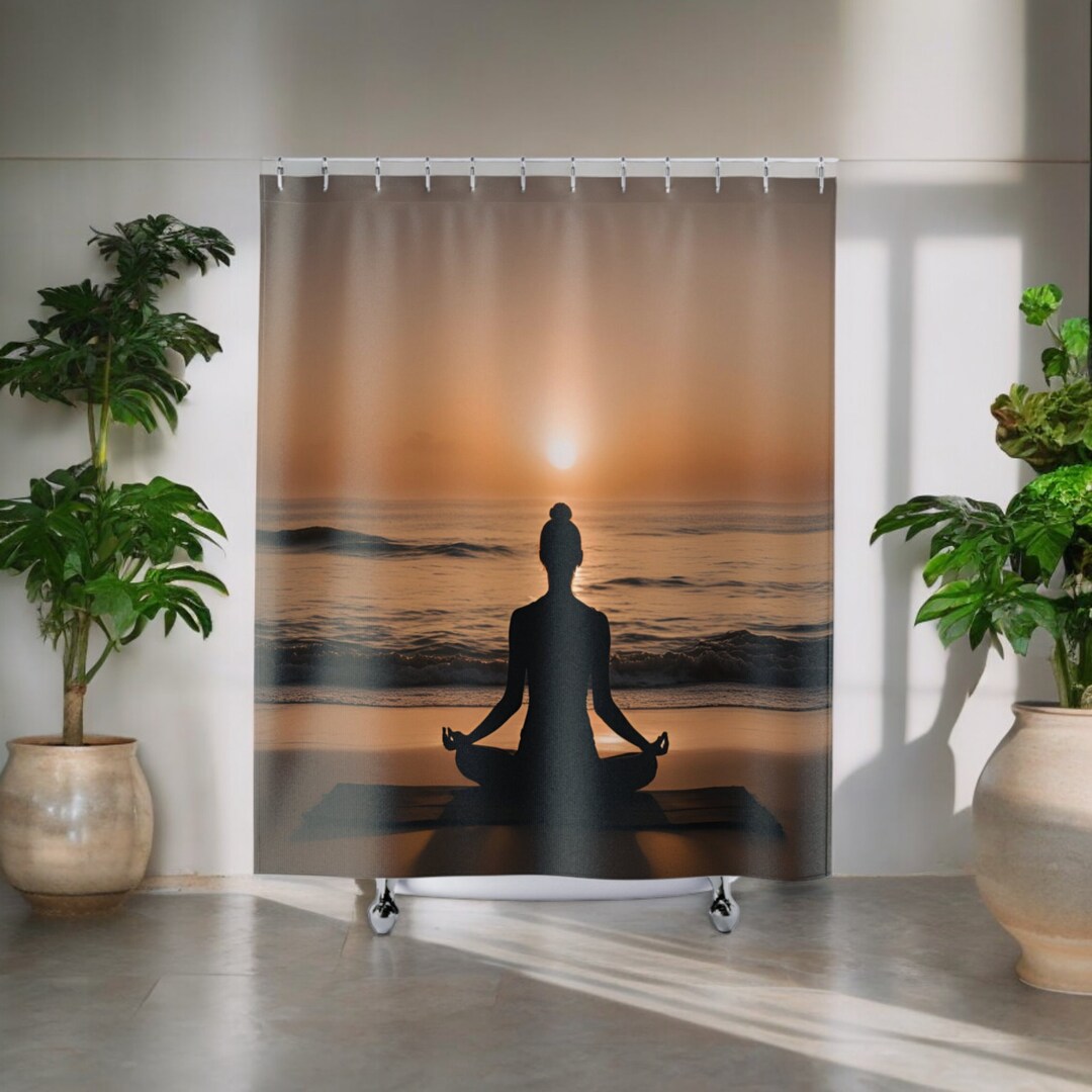 Yoga Shower Curtain With Silhouette on the Beach at Sunrise Unique ...