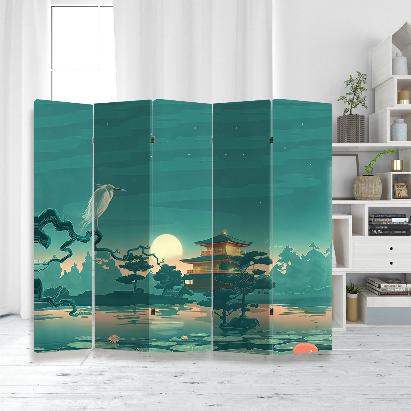 Japan Style Privacy Panel Print Canvas Room Divider Pagoda Art Bird ...