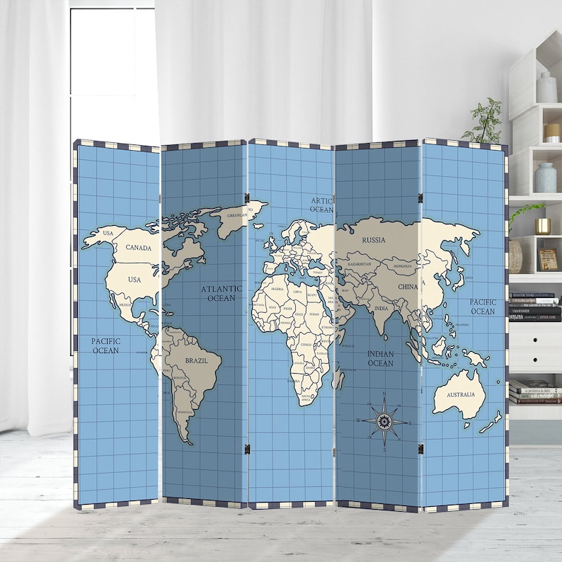 World Map Prints Canvas Room Divider National Geographic Decor Screen ...