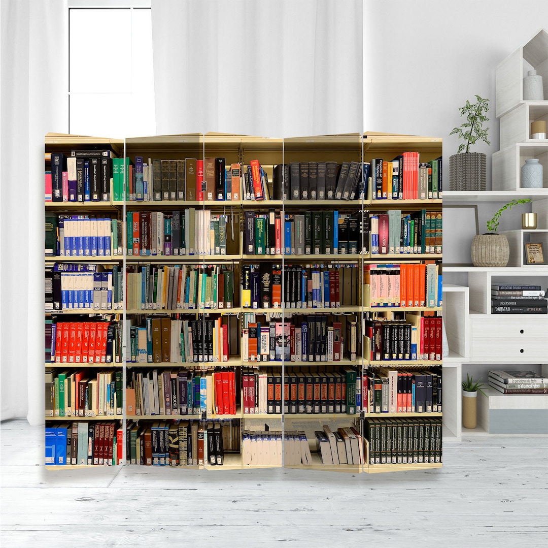 Bookshelf Screen Print Library Room Divider Old Art Décor Free Standing ...
