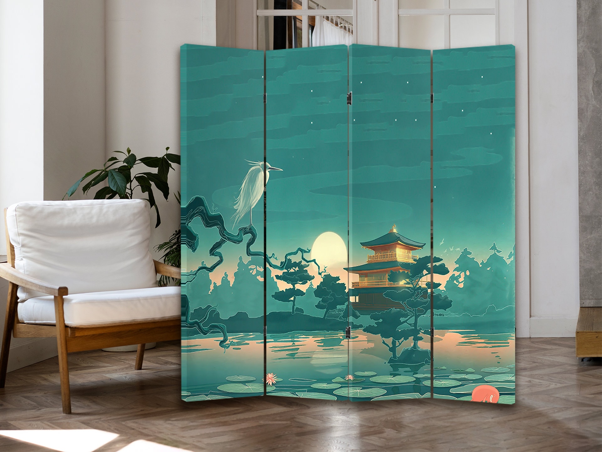Japan Style Privacy Panel Print Canvas Room Divider Pagoda Art Bird ...