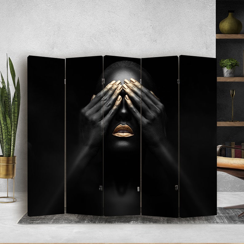 Black Gold Girl Print Canvas Room Divider African American Woman Screen ...