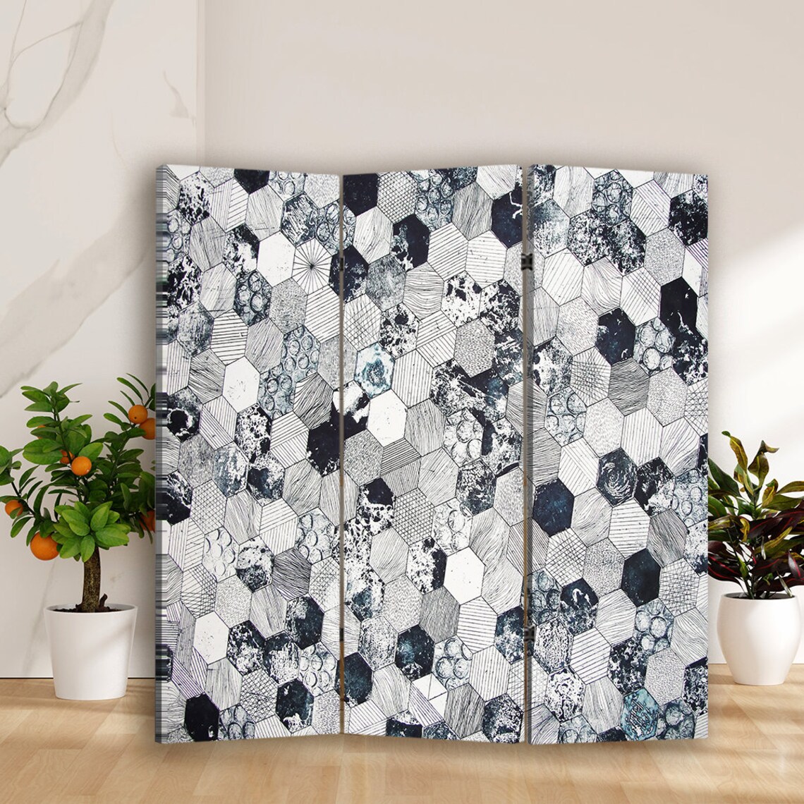 Gray Hexagon Screen Room Divider Panel Geometric Abstract Modern ...