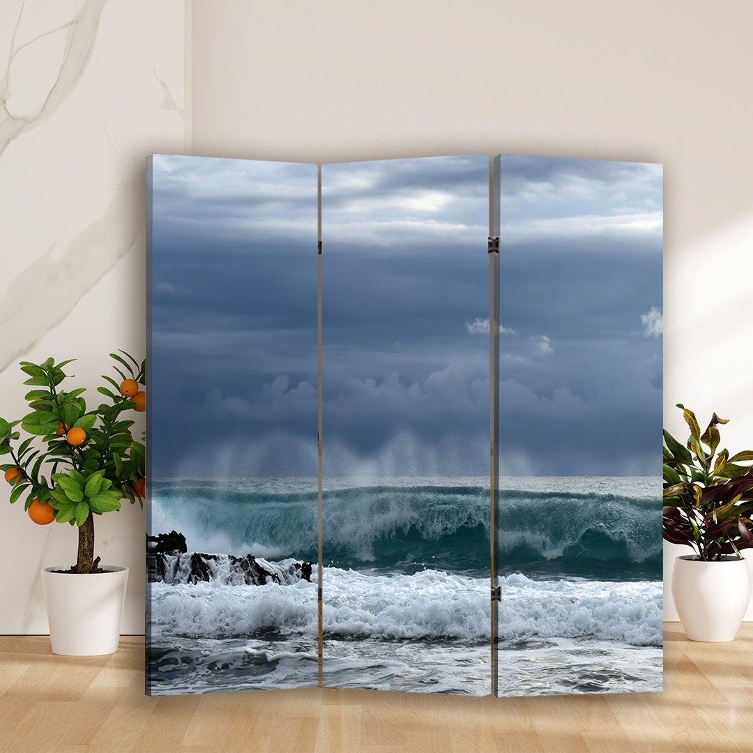 Sea Wave Canvas Room Divider Ocean Print Free Standing Beach Folding ...