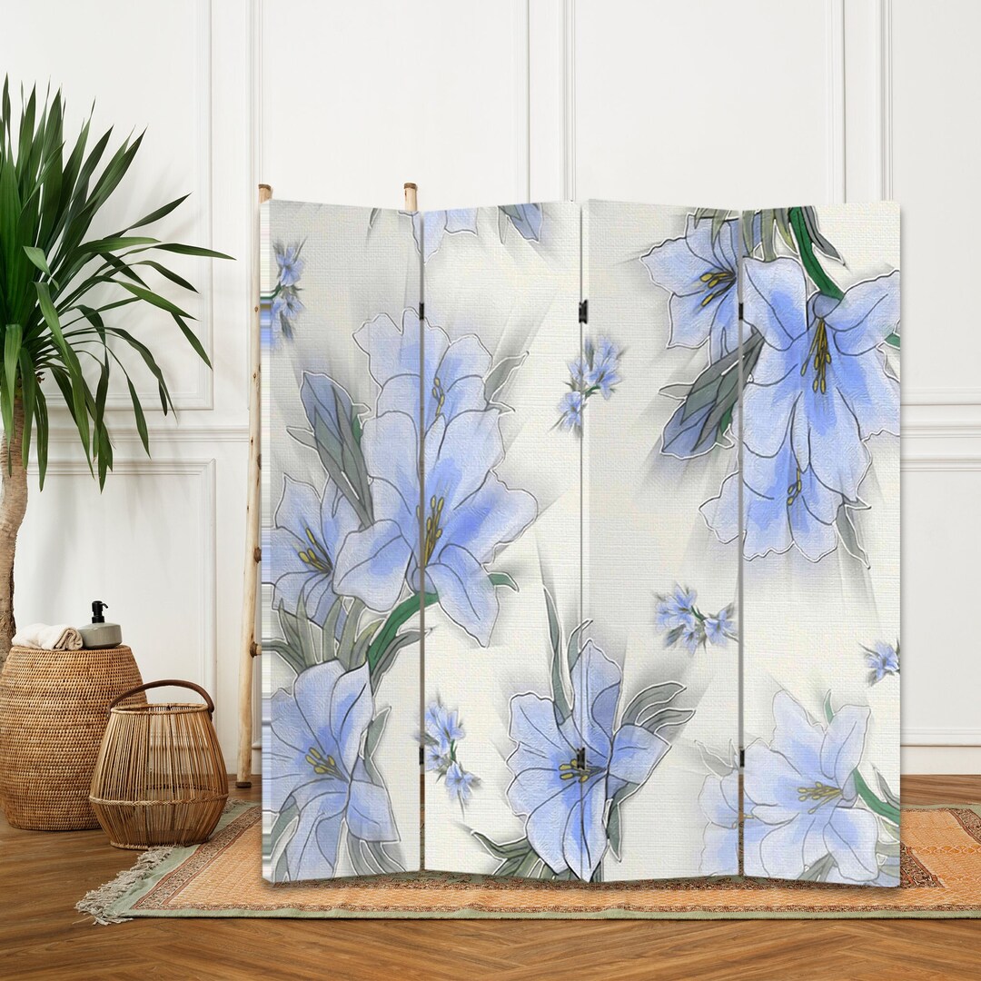 Flower Print Canvas Room Divider Screen Blue Lily Art Botanical Free ...