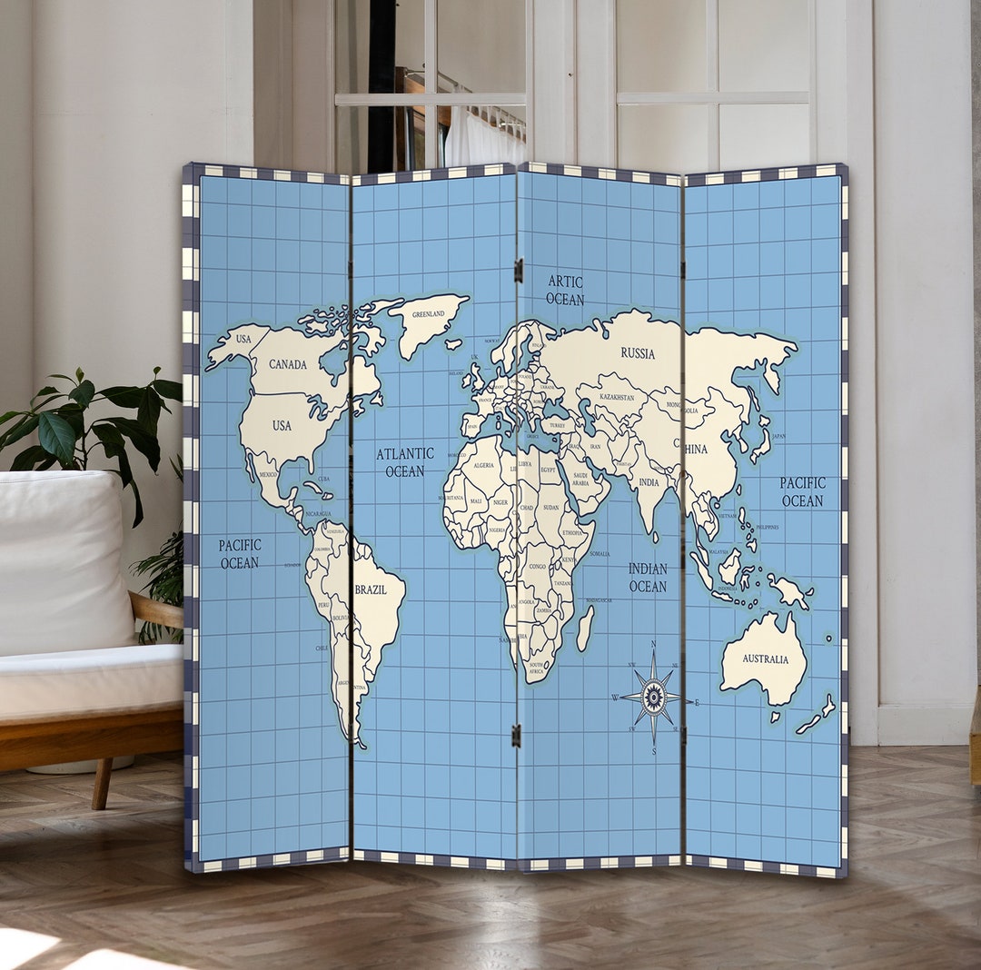 World Map Prints Canvas Room Divider National Geographic Decor Screen ...
