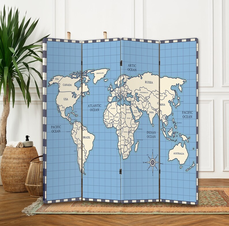 World Map Prints Canvas Room Divider National Geographic Decor Screen ...