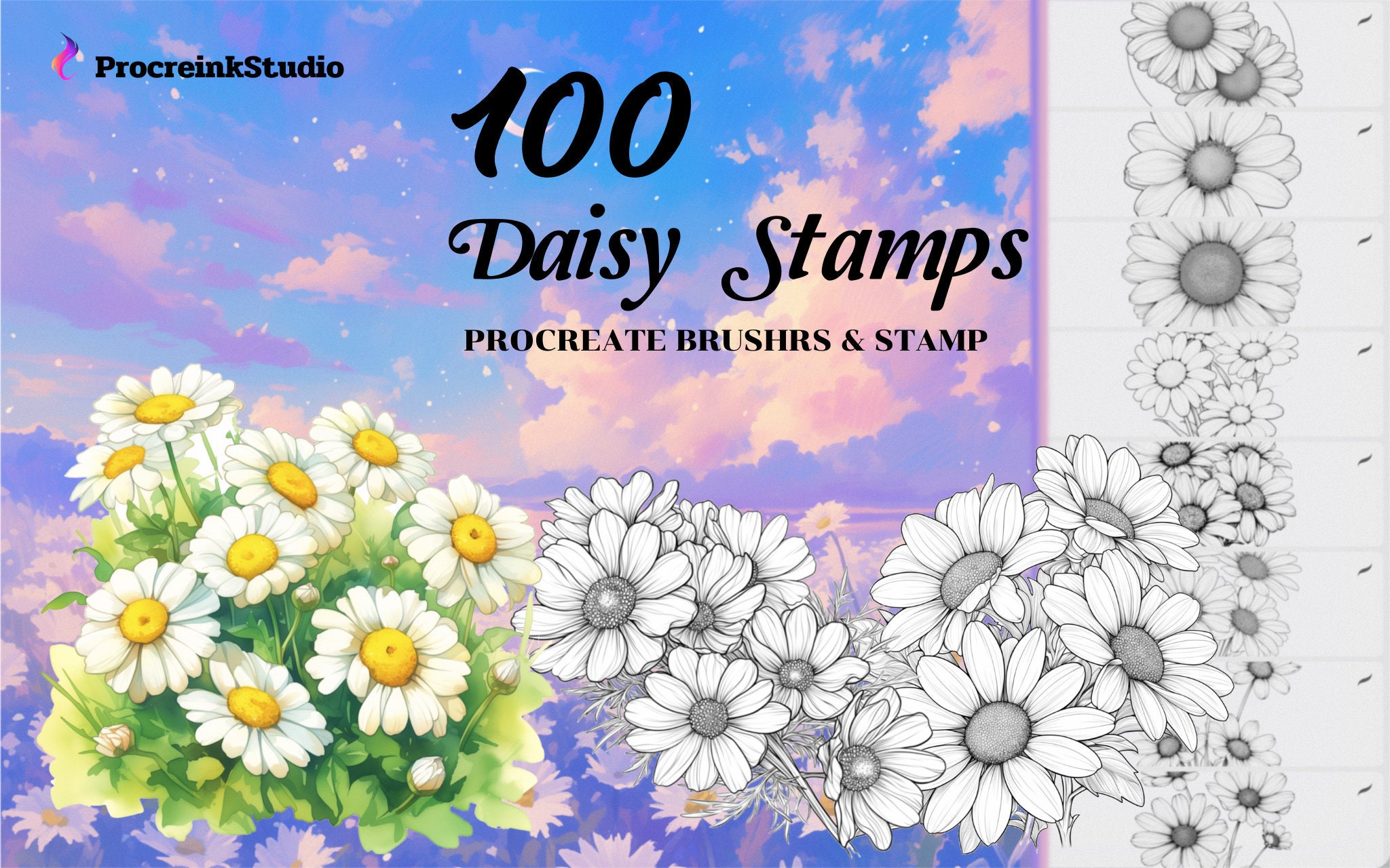 Procreate Daisy Flower Stamps , 100 Daisy Flower Procreate Brushes ...