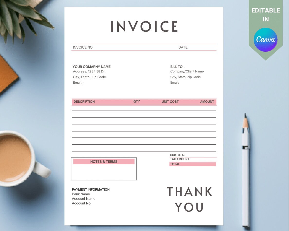 Customizable Invoice Template, Printable Billing Form, Digital Download ...
