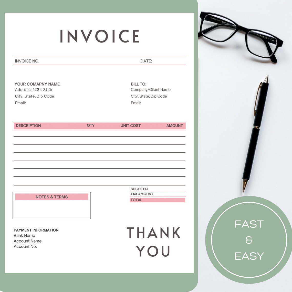 Customizable Invoice Template, Printable Billing Form, Digital Download ...