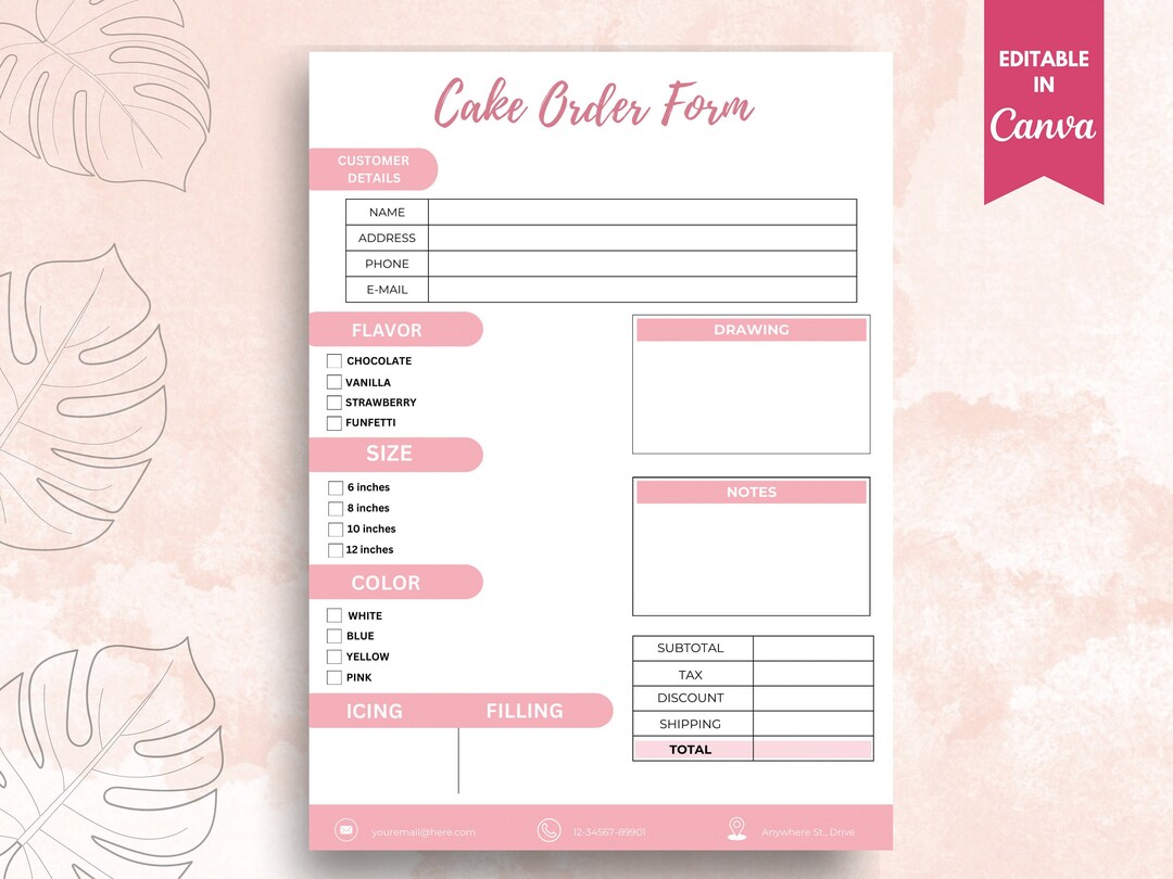 Cake Order Form, Editable Order Form Template, Canva Order Form ...