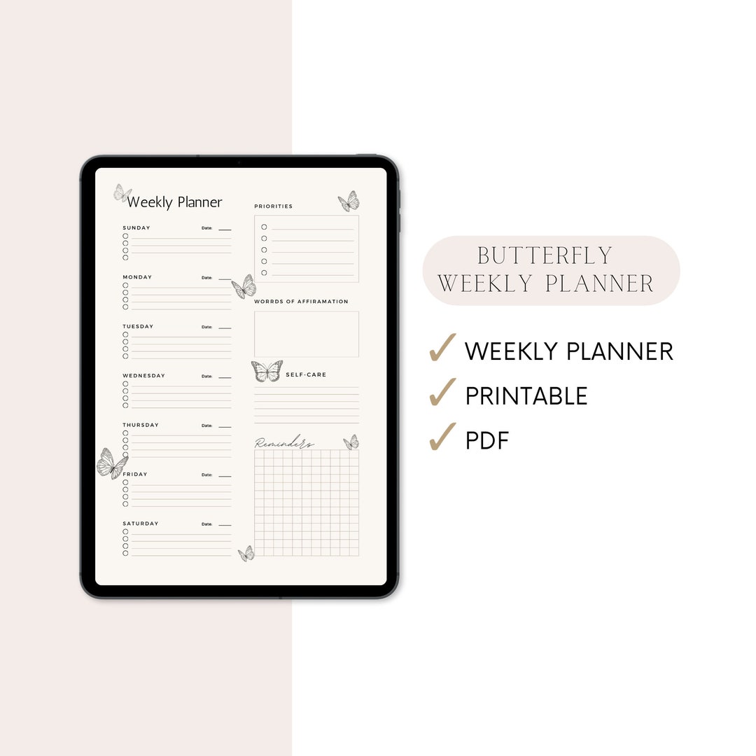Butterfly Weekly Planner, Minimalist Weekly Digital Weekly Planner - Etsy