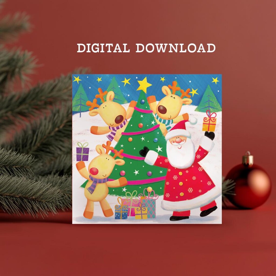 Cute Santa and His Reindeer Printable Christmas Card Digital Design - Etsy