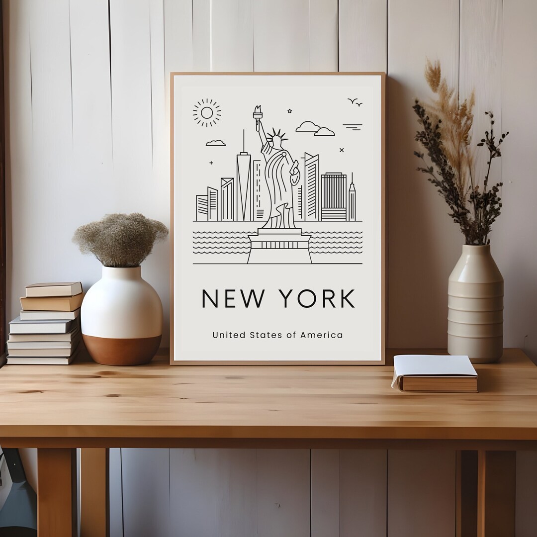 Poster of New York in Beige City Poster With Landmarks Minimalist Mural ...