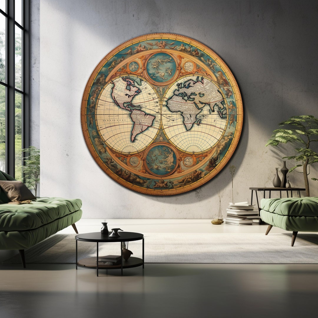 Old World Map Art, Tempered Glass Wall Art, Glass Printing, Round Glass ...