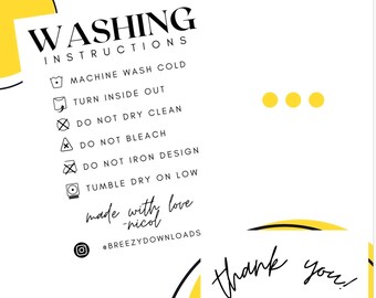 EDITABLE Washing Instructions Printable Washing Instructions Card for ...