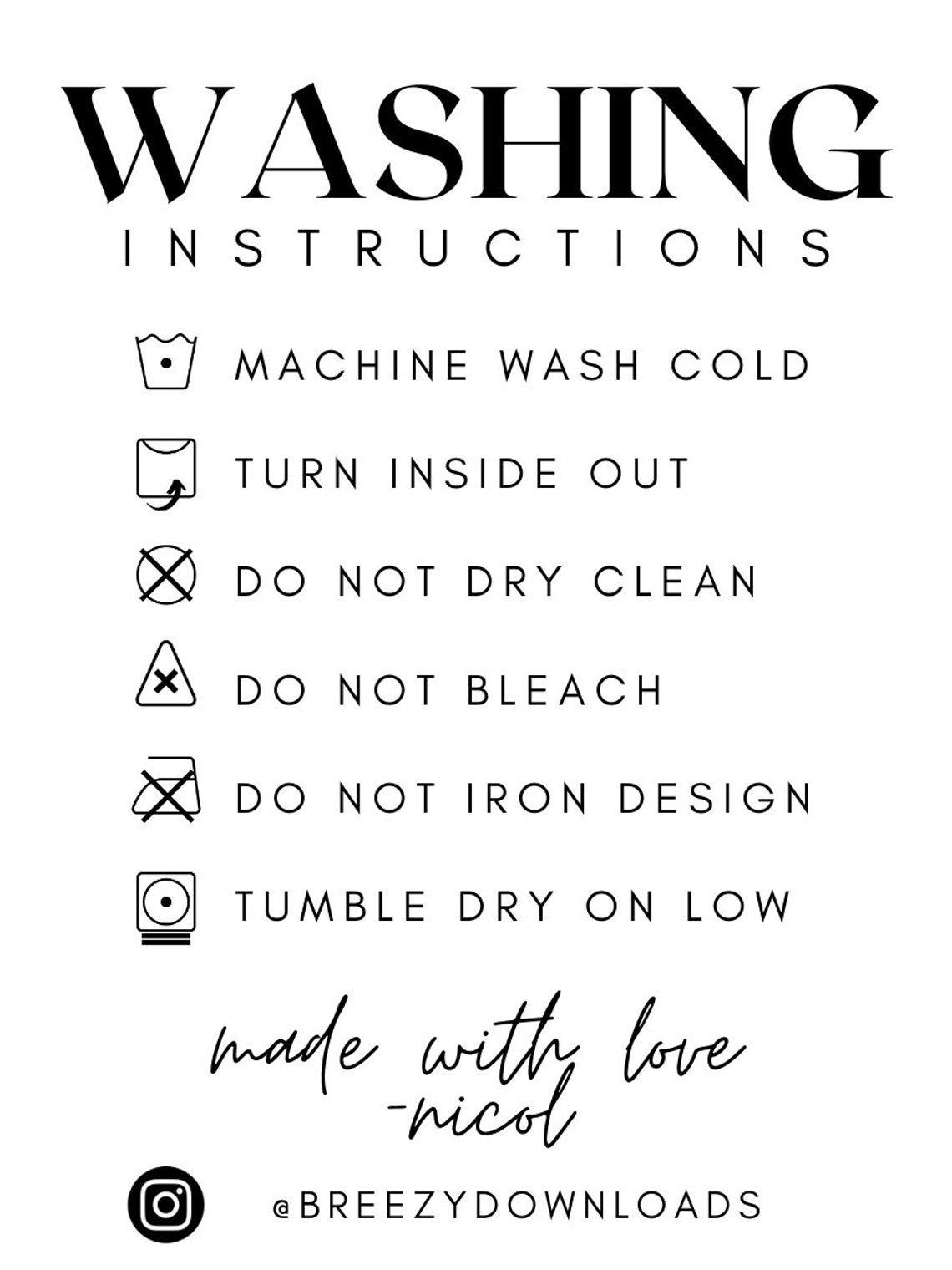HTV Washing Instructions Printable Editable Template Etsy