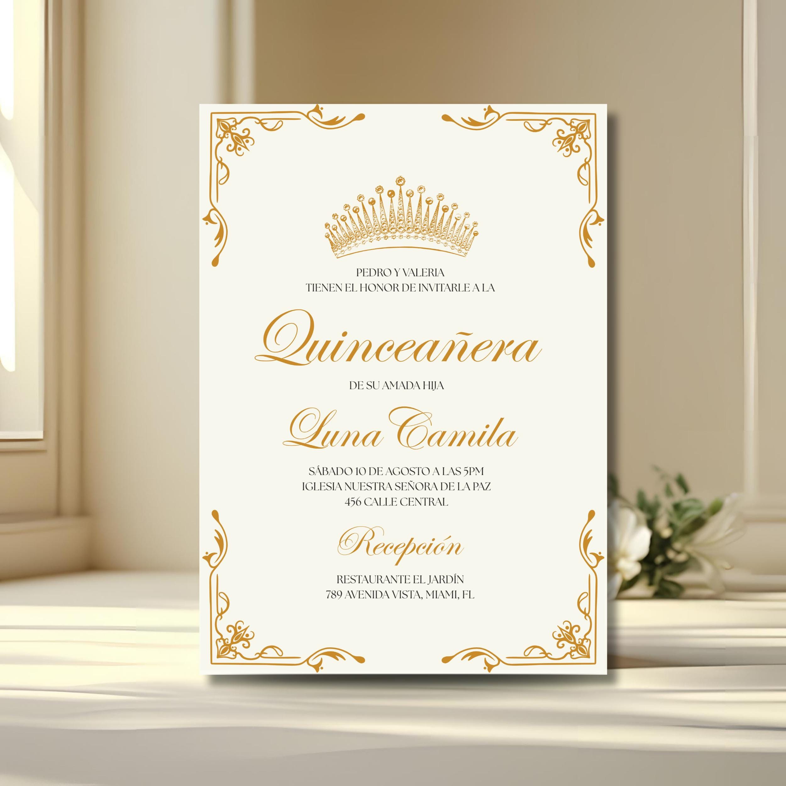 Spanish Elegant Gold Quinceanera Invitation, Editable Quince Sweet 16 ...