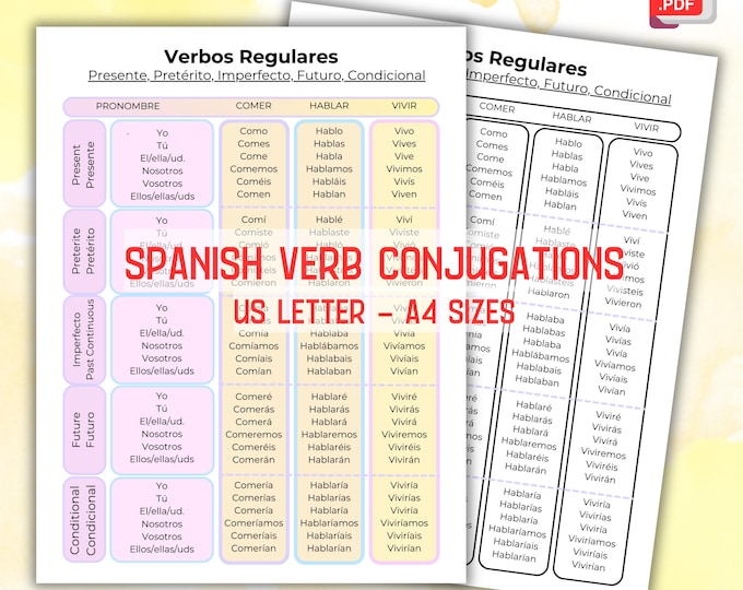 Spanish Verb Conjugation, Cheat Sheet for Regular Verbs Grammar Chart ...