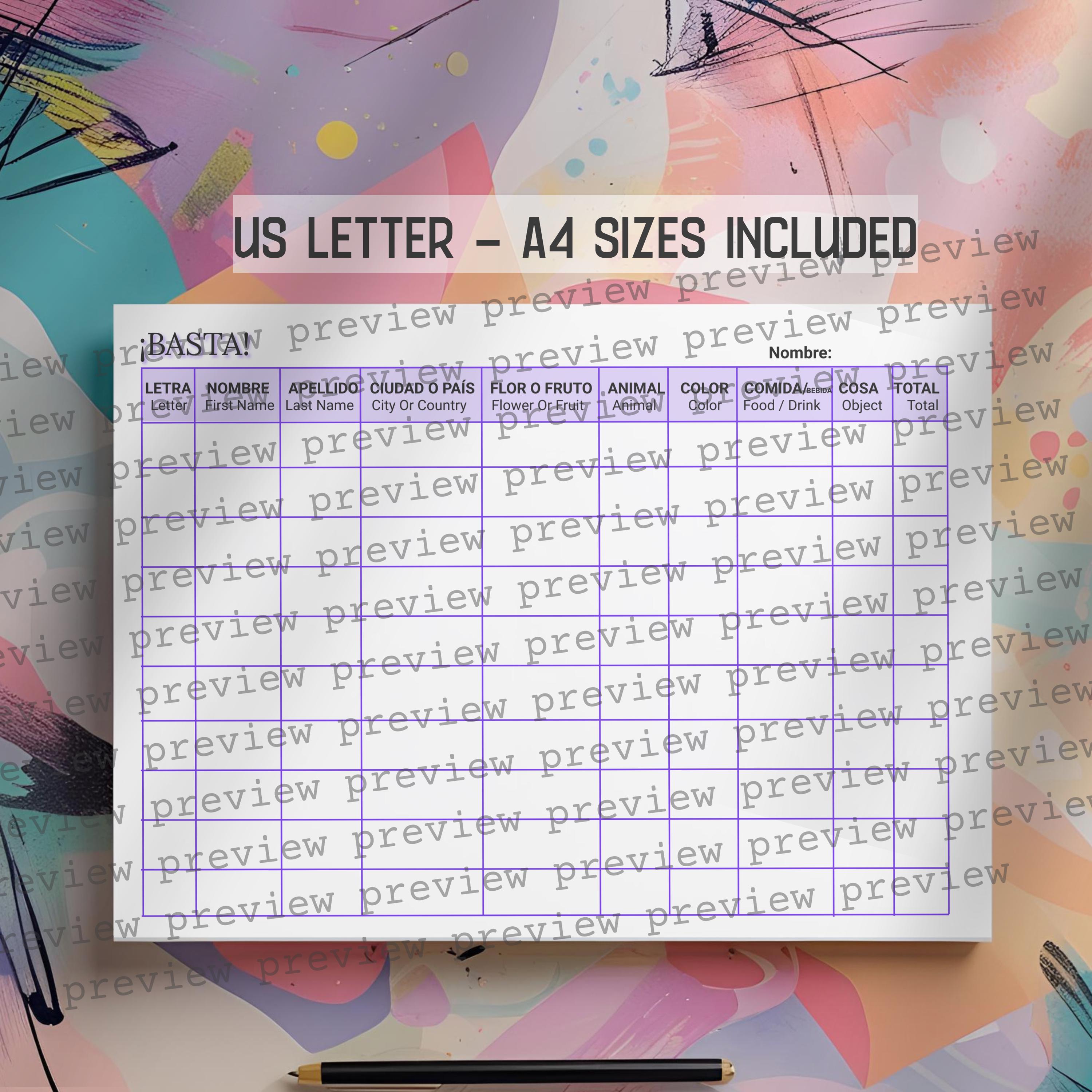 Basta Juego Printable Español Categories Game, Scattergories Style Game ...