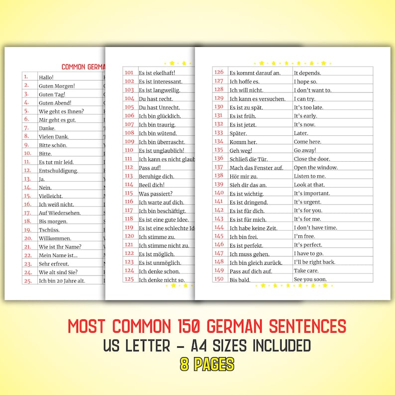 Common German Sentences, Learn German Essential Phrases Vocabulary ...