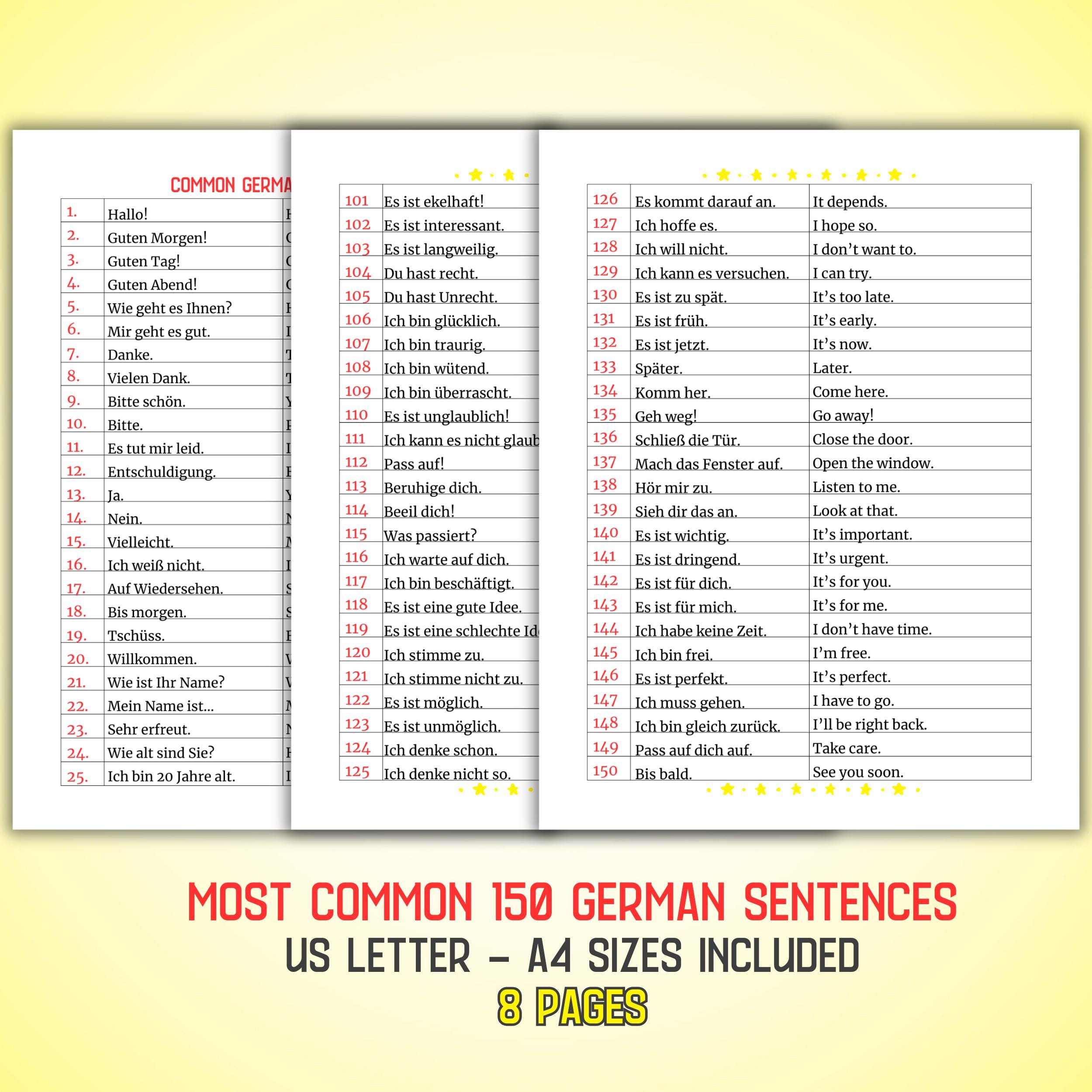 Common German Sentences, Learn German Essential Phrases Vocabulary ...