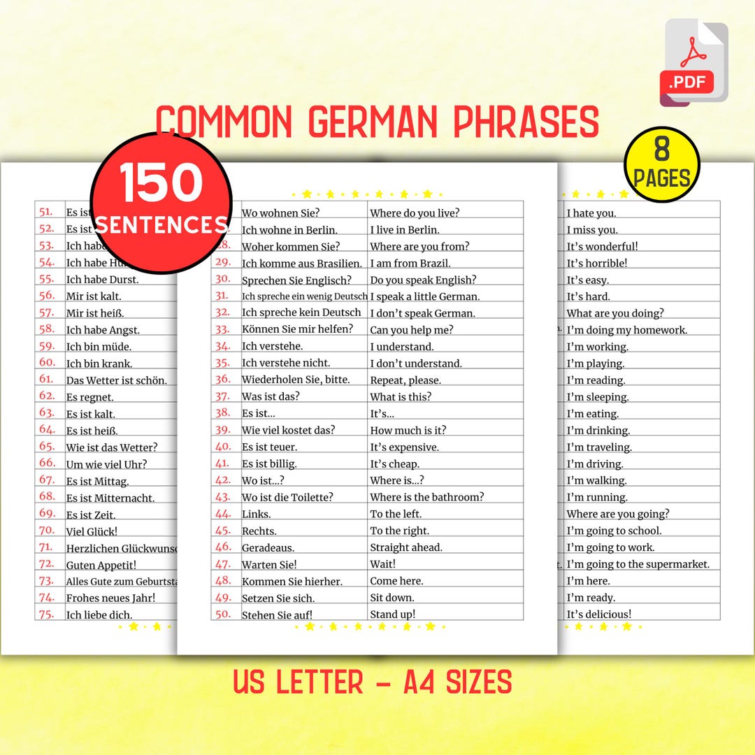 Common German Sentences, Learn German Essential Phrases Vocabulary ...