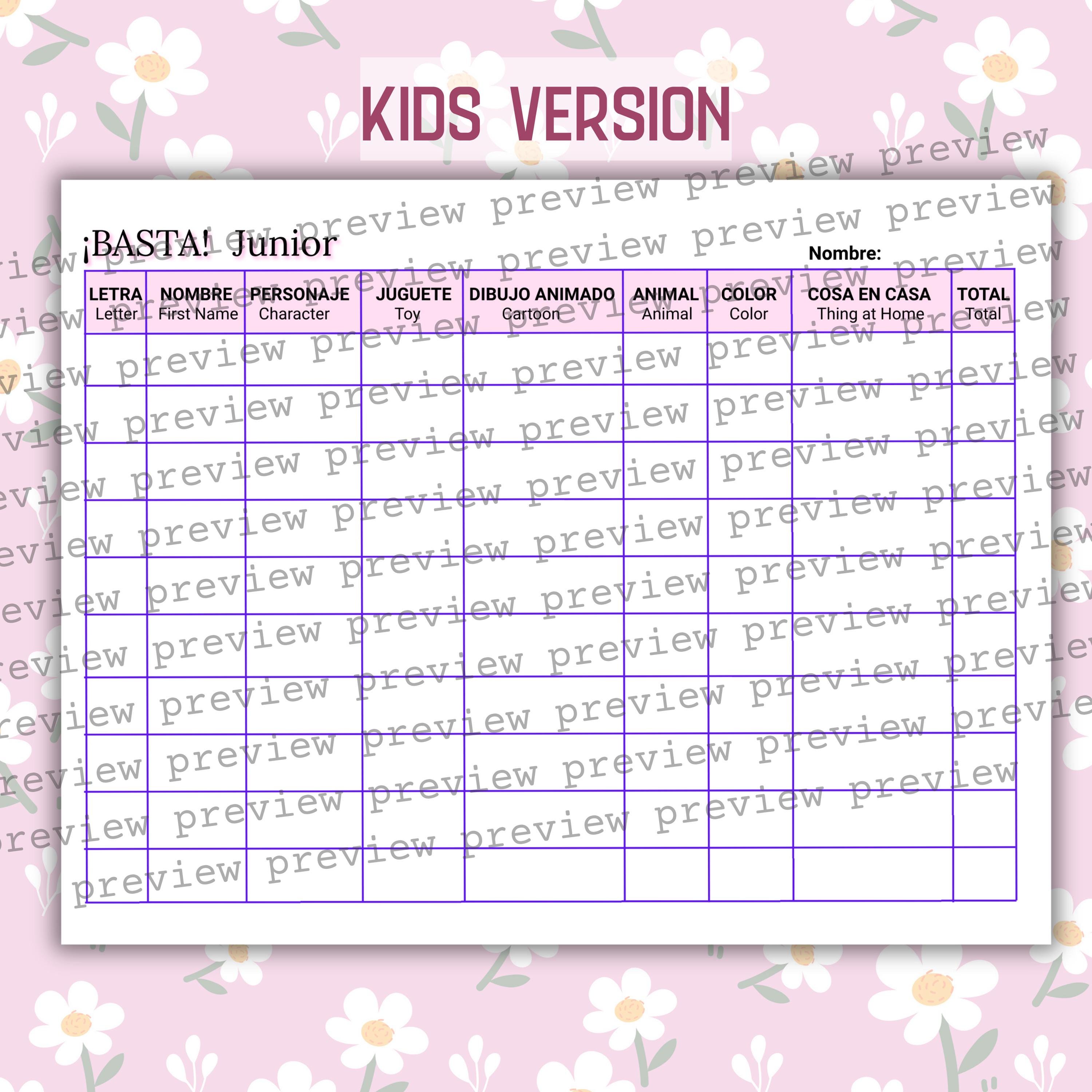 Basta Juego Printable Español Categories Game, Scattergories Style Game ...