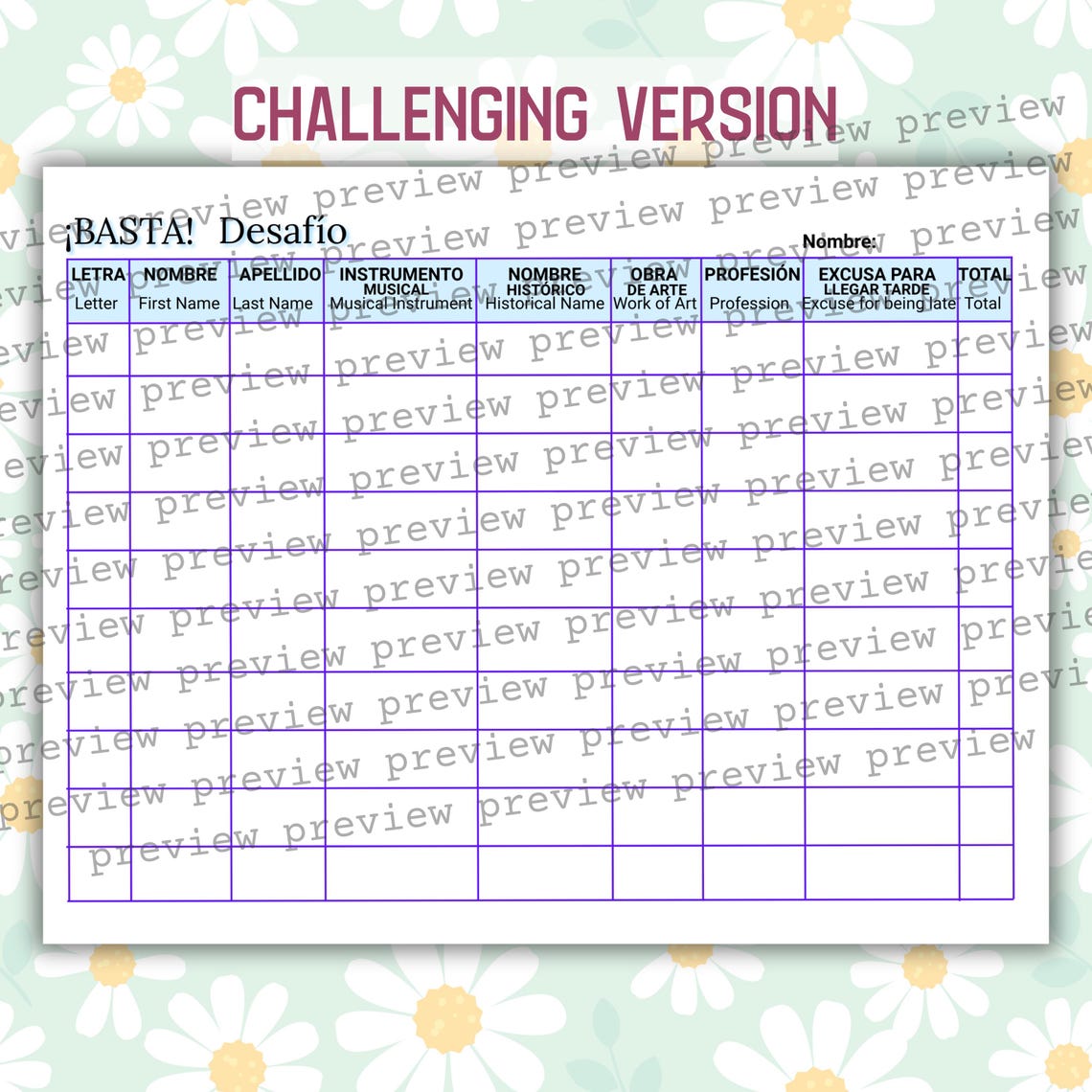 Basta Juego Printable Español Categories Game, Scattergories Style Game ...