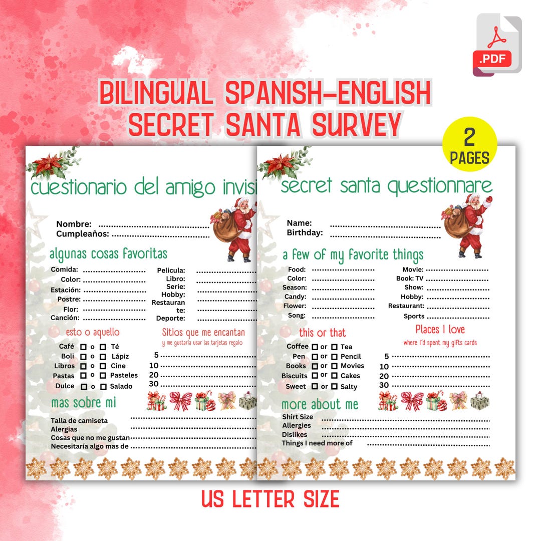 Bilingual Secret Santa Questionnaire Christmas Gift Exchange Favorites ...