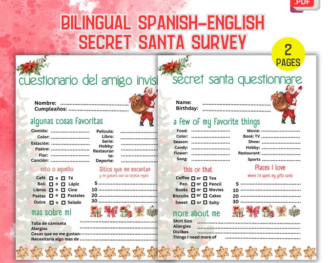 Bilingual Secret Santa Questionnaire Christmas Gift Exchange Favorites ...