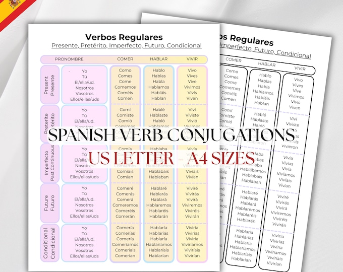 Spanish Verb Conjugation, Cheat Sheet for Regular Verbs Grammar Chart ...