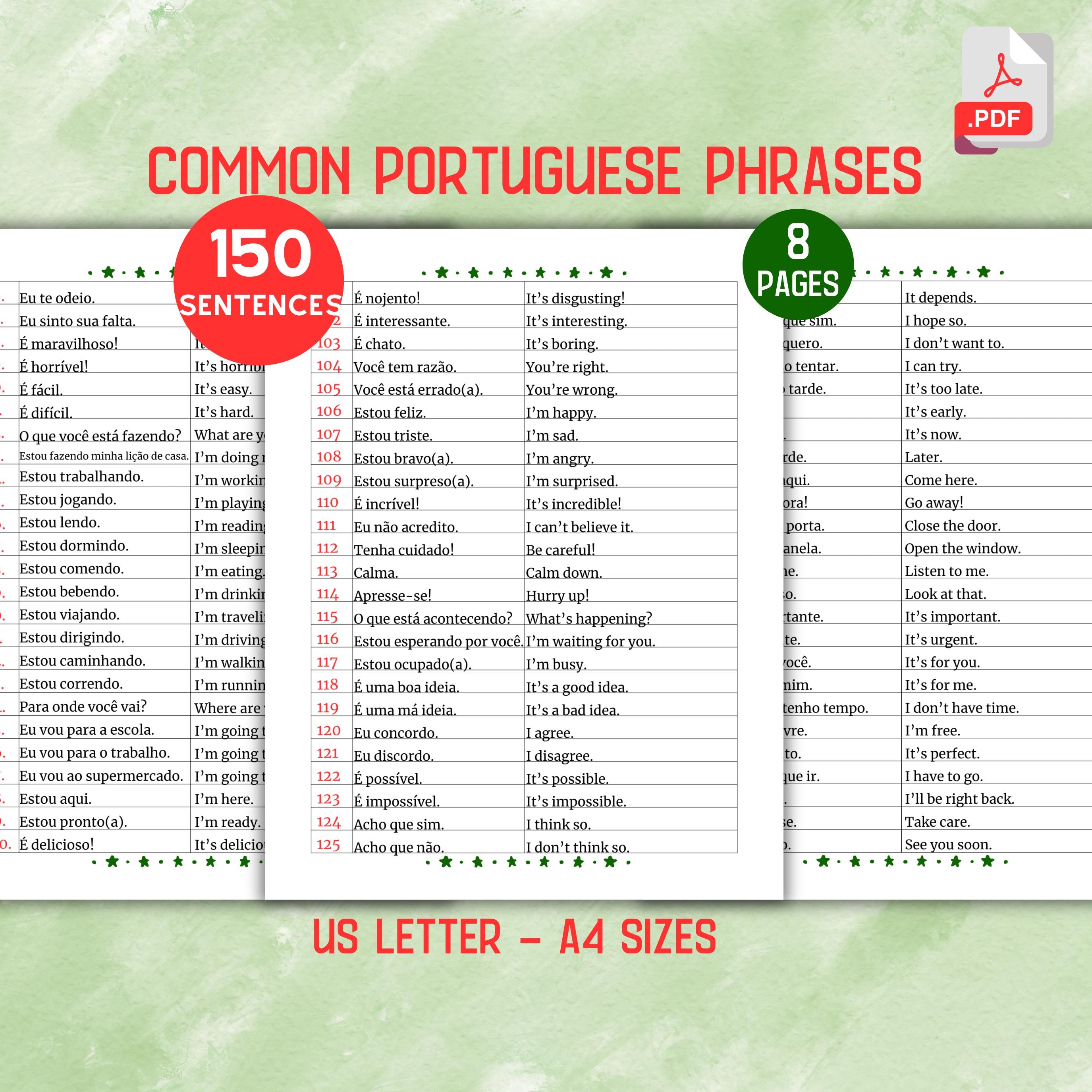 Common Portuguese Sentences, Learn Portuguese Phrases Vocabulary ...