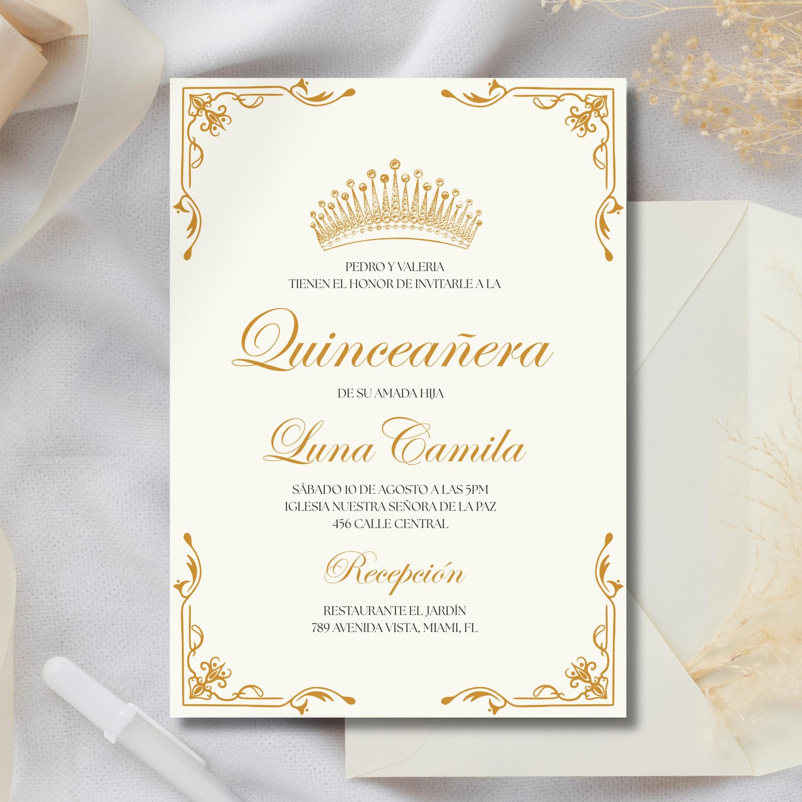 Spanish Elegant Gold Quinceanera Invitation, Editable Quince Sweet 16 ...