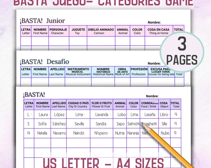 Basta Juego Printable Español Categories Game, Scattergories Style Game ...