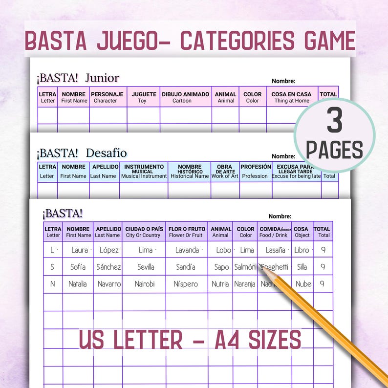 Basta Juego Printable Español Categories Game, Scattergories Style Game ...