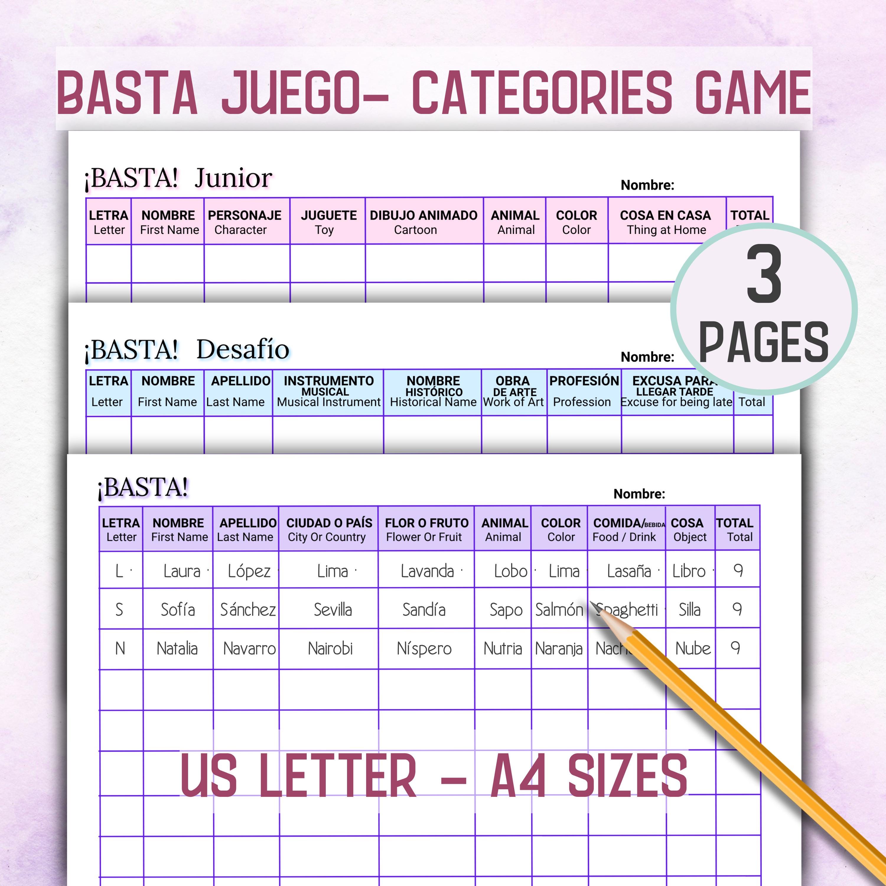 Basta Juego Printable Español Categories Game, Scattergories Style Game ...