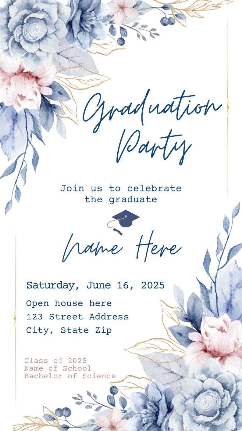 Editable Blue Flowers Graduation Invitation Flyer | Graduation Party ...