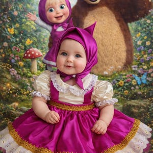 Masha and the Bear Inspired Costume, Handmade Pink Dress, Headscarf ...