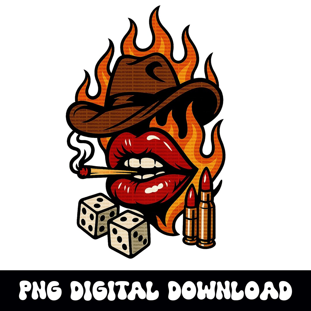 Edgy Western Flaming Lip Dice PNG Graphic INSTANT Digital Download for ...