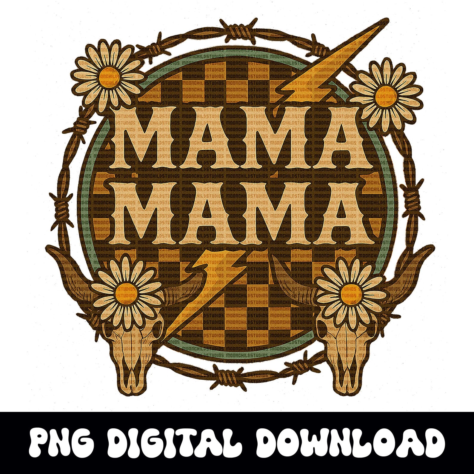 MAMA Western Daisy Bull Checkered Lightning Png Design Digital Download ...