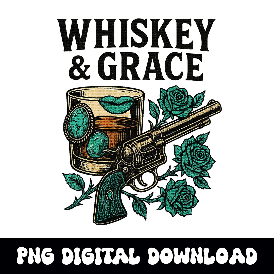 Western "whiskey & Grace" Turquoise Rose Revolver Png Graphic INSTANT ...