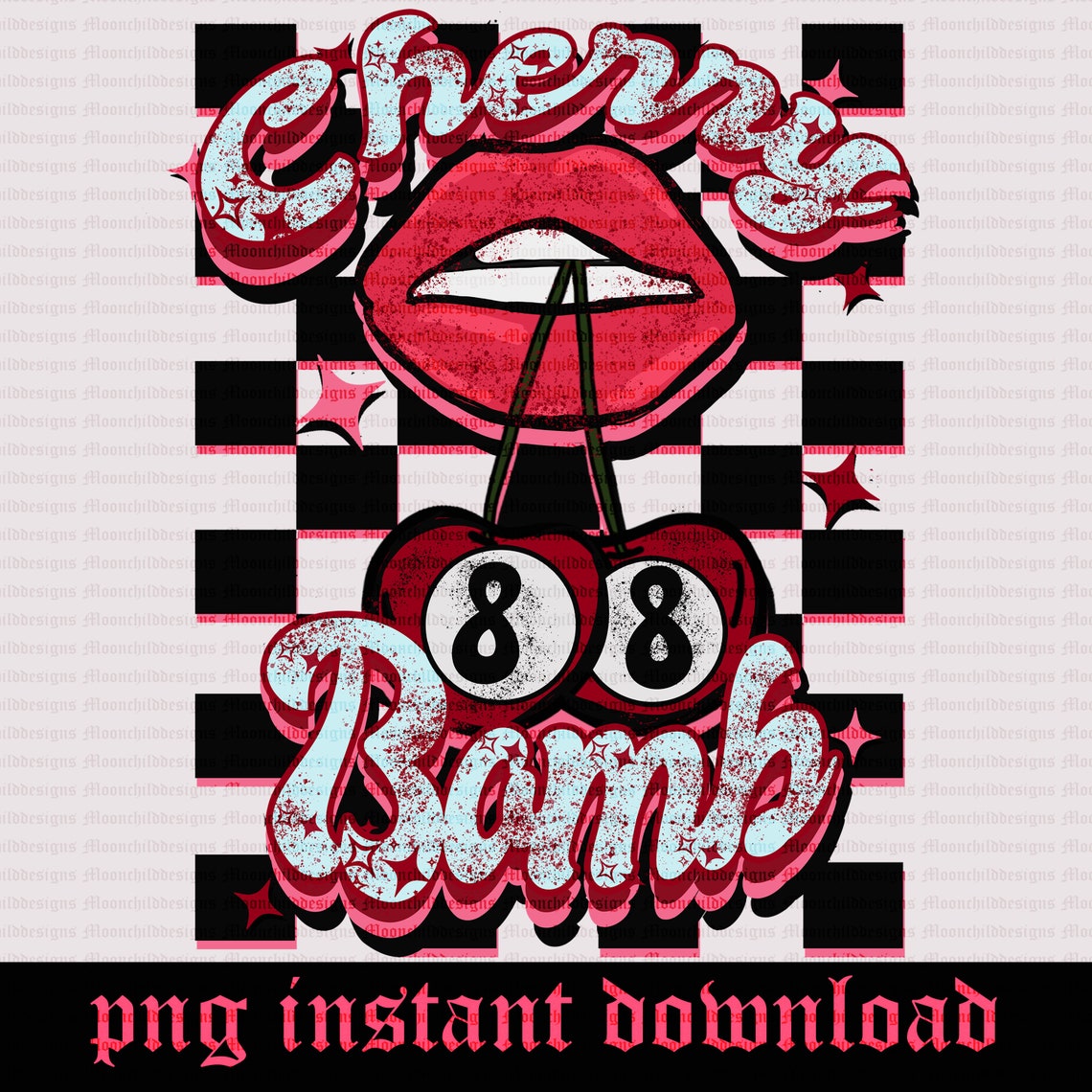 Checkered 8 Ball Cherry Bomb Design Vintage Retro Lip Cherry Design ...
