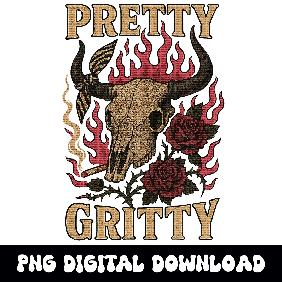 Edgy Western "pretty Gritty" Flaming Cow Skull and Rose PNG Graphic ...